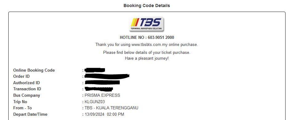 Bus Ticket from TBS to Kuala Terengganu / Tiket Bas dari TBS ke Kuala ...