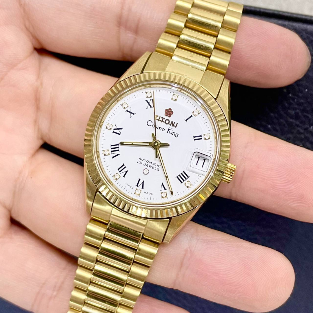 NOS! Vintage 31mm Titoni Cosmo King Automatic Watch - Full Gold, Luxury ...