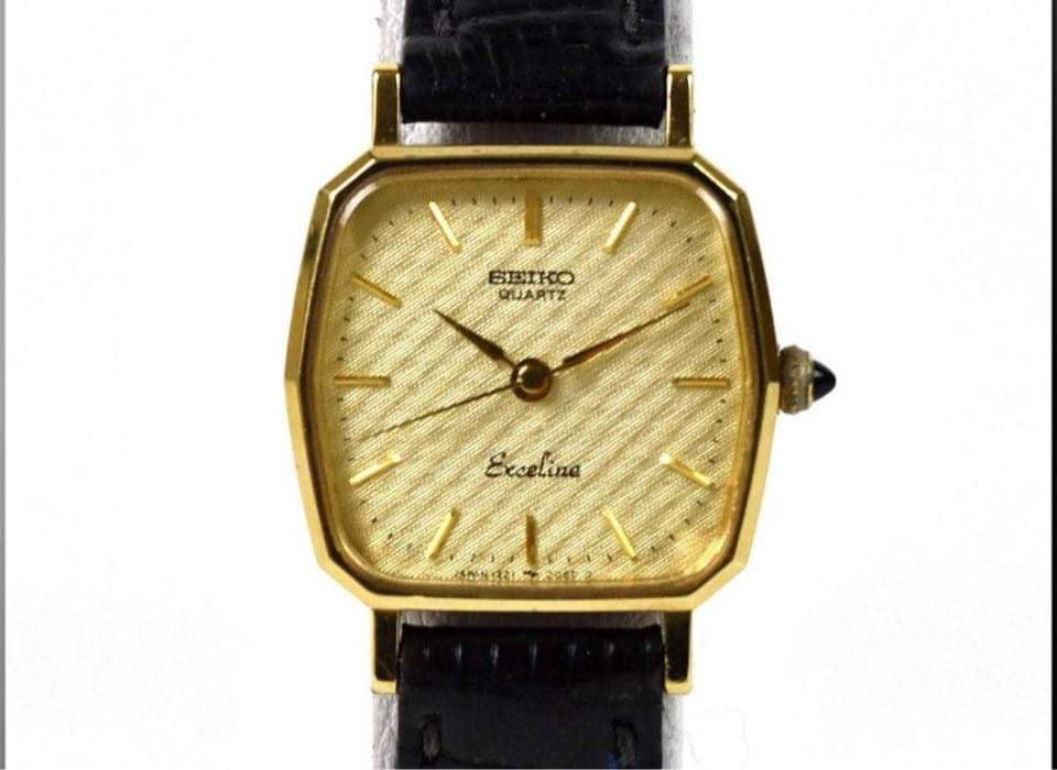 Seiko Exceline Tank [Rare Gold Textured Dial] 1221-5010 Leather Quartz Vintage Watch Made in ...