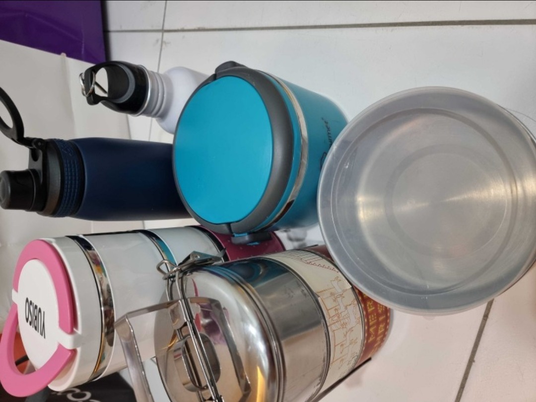 Tiffin box, tuppleware,drinking bottles, butter box with wooden lid ...