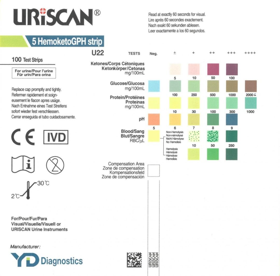 URiSCAN 韓國 U22 尿液分析 尿試紙/測試條(100條), 5項檢查：尿酮體/血糖/尿蛋白/酸鹼度/尿隱血, 健康及營養食用品 ...