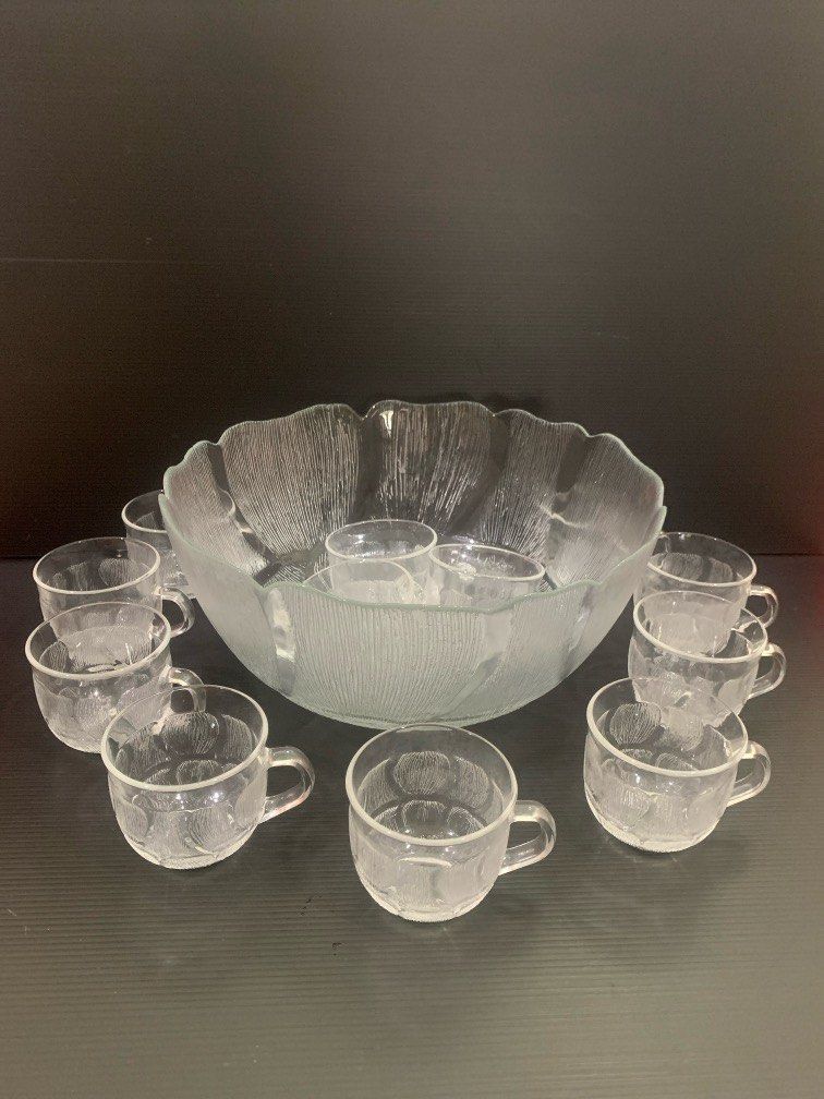 Vintage Luminarc Fleur Punch Bowl, Cups & Fruit Platter Tray, Furniture ...