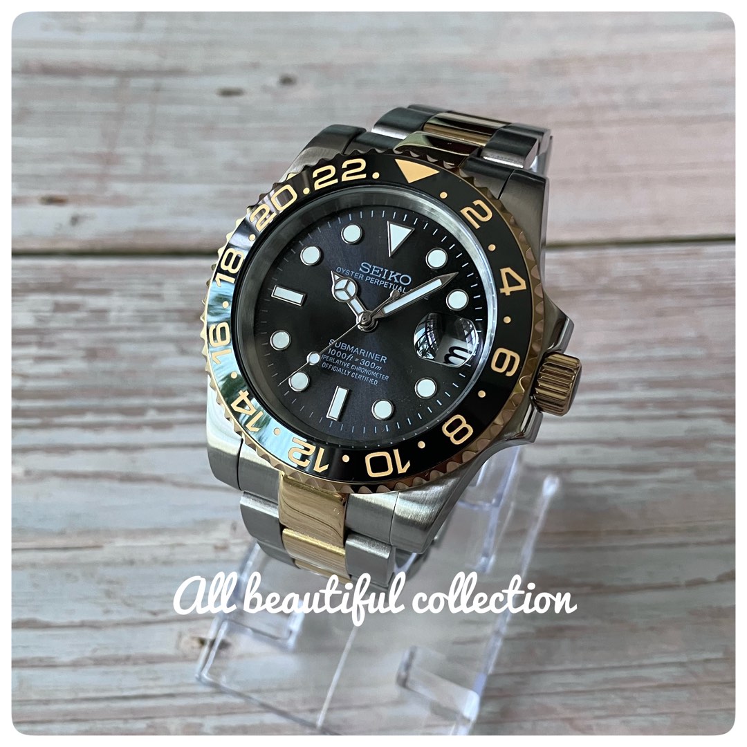 Seiko mod Steel & Gold Black Submariner GMT bezel automatic watch, Men ...