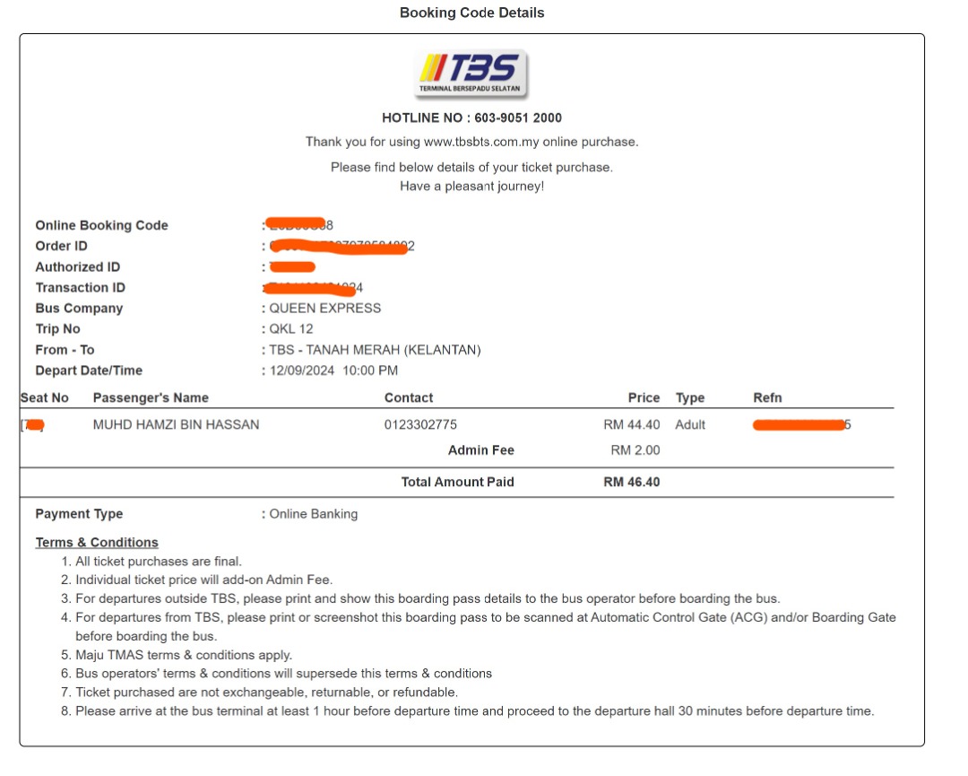 tiket bas queen TBS - tanah merah 12 september 2024, Tickets & Vouchers ...