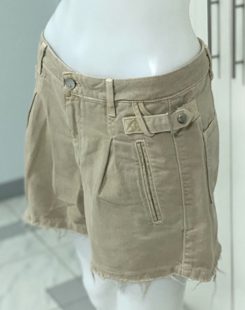 100%AUTH ZARA KHAKI DENIM SHORTS W/ TAB SIDE DETAIL, Women's Fashion ...