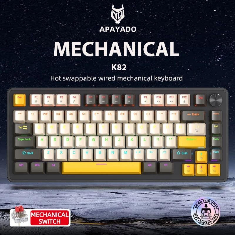 APAYDO K82 mechanical keyboard, Type-C 75% layout 82 keys, full key hot swap Dual mode metal ...