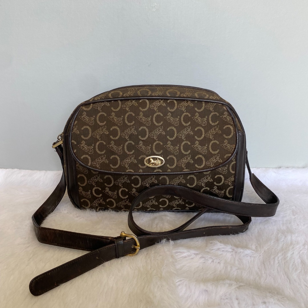 Celine Vintage Brown Carriage Logo Canvas Shoulder Bag, Women's Fashion, Bags & Wallets ...