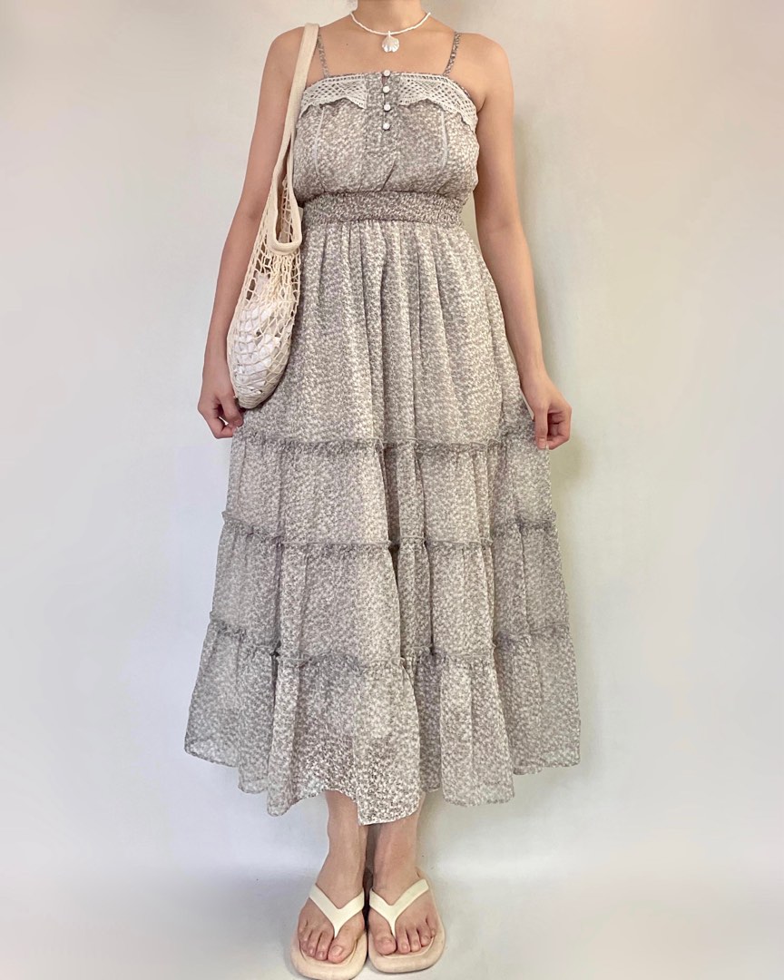 GD36. Light Sage Green-Gray Ditsy Floral Chiffon Tiered Maxi Dress ...