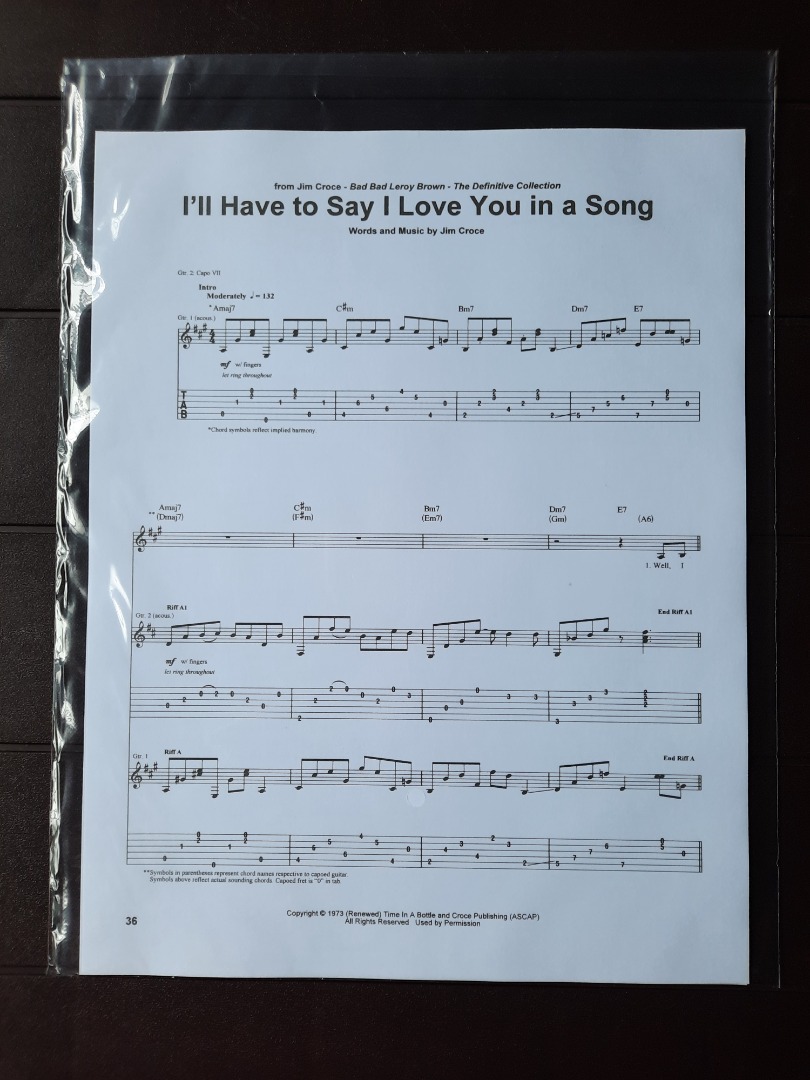 Jim Croce Guitar Tab / Guitar Tablature, Hobbies & Toys, Music & Media ...