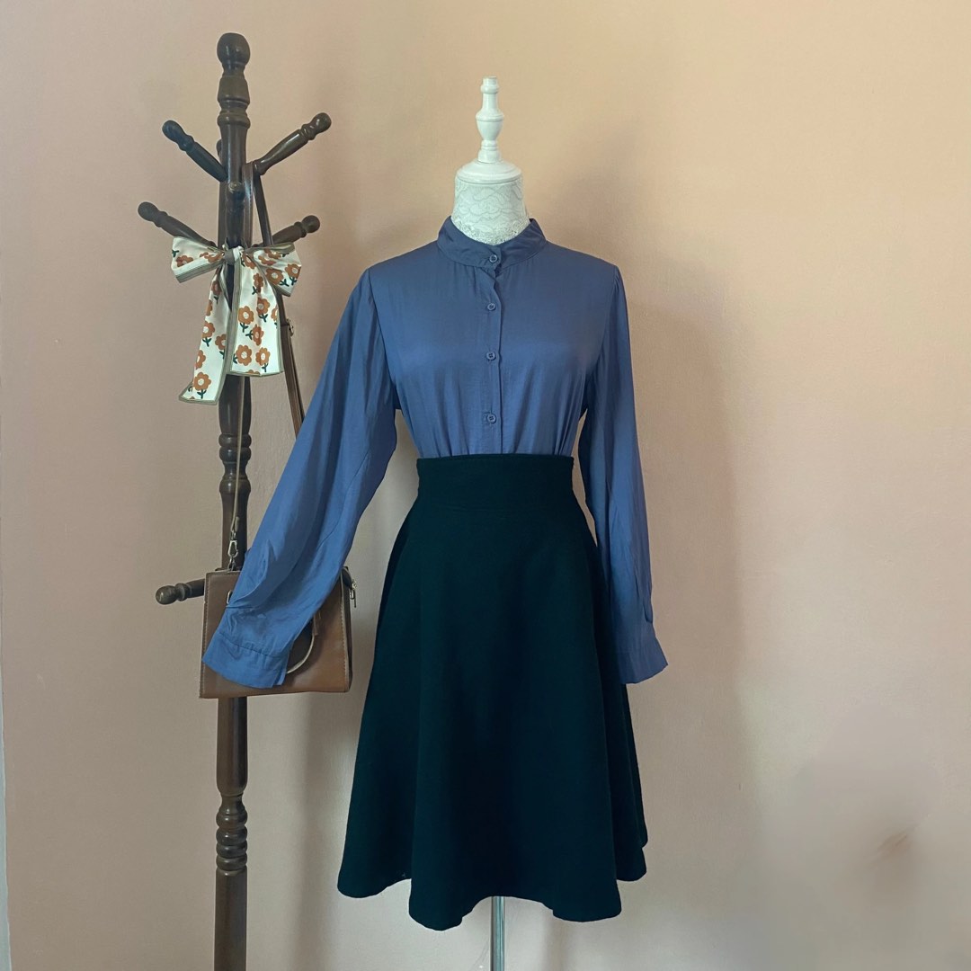 Navy blue high neck button up long sleeve blouse, Women's Fashion, Tops ...