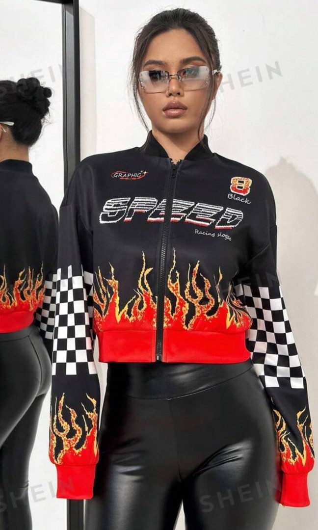 SHEIN racing car theme race crop jacket costume, Women's Fashion, Coats ...