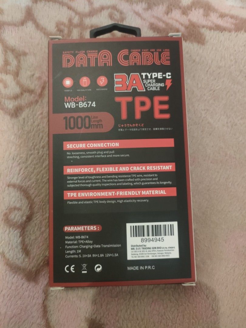 TPE data cable 3A Type C super charging cable 1000mm safety flash charge - WB B674, Mobile ...