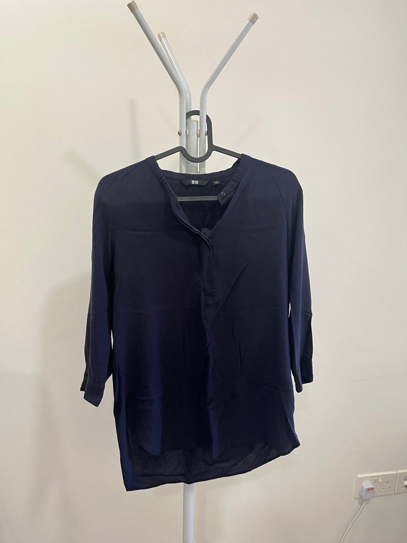 Uniqlo navy mandarin collar work top, Women's Fashion, Tops, Blouses on ...