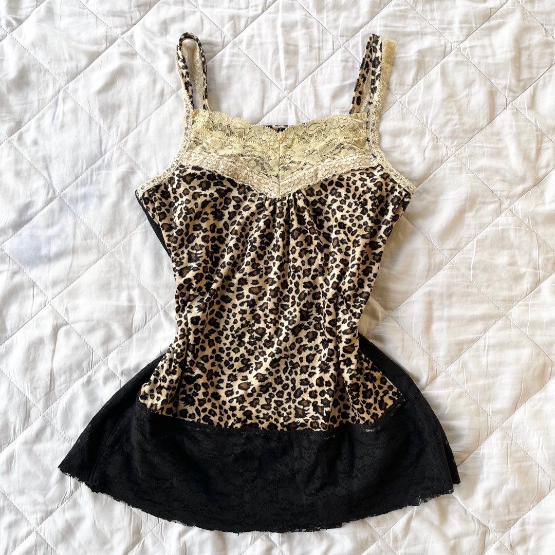 Y2k gyaru leopard print black lace sleeveless cami top | y2k gyaru ...