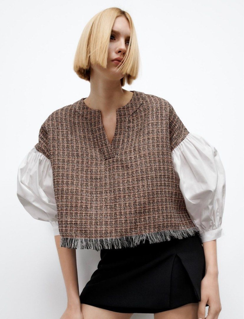 ZARA Contrast Textured Top, Women's Fashion, Tops, Blouses on Carousell