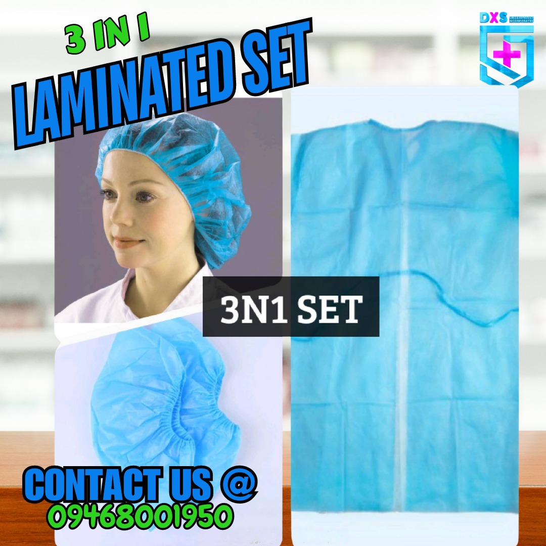 3 IN 1 LAMINATED SET ( ISO GOWN/ HEAD CAP / SHOE COVER), Health ...