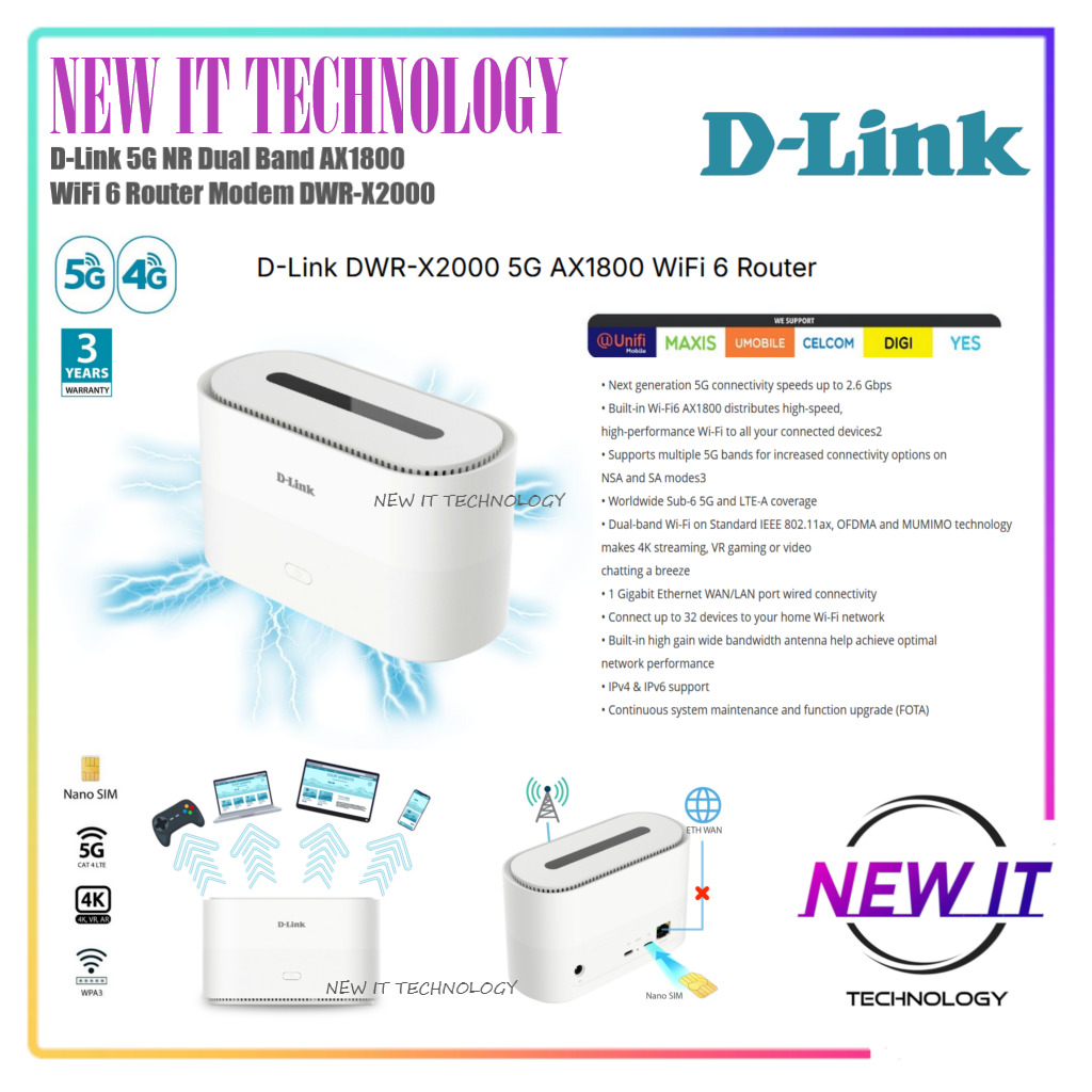 D-Link 5G NR Dual Band AX1800 WiFi 6 Router Modem DWR-X2000, Computers ...