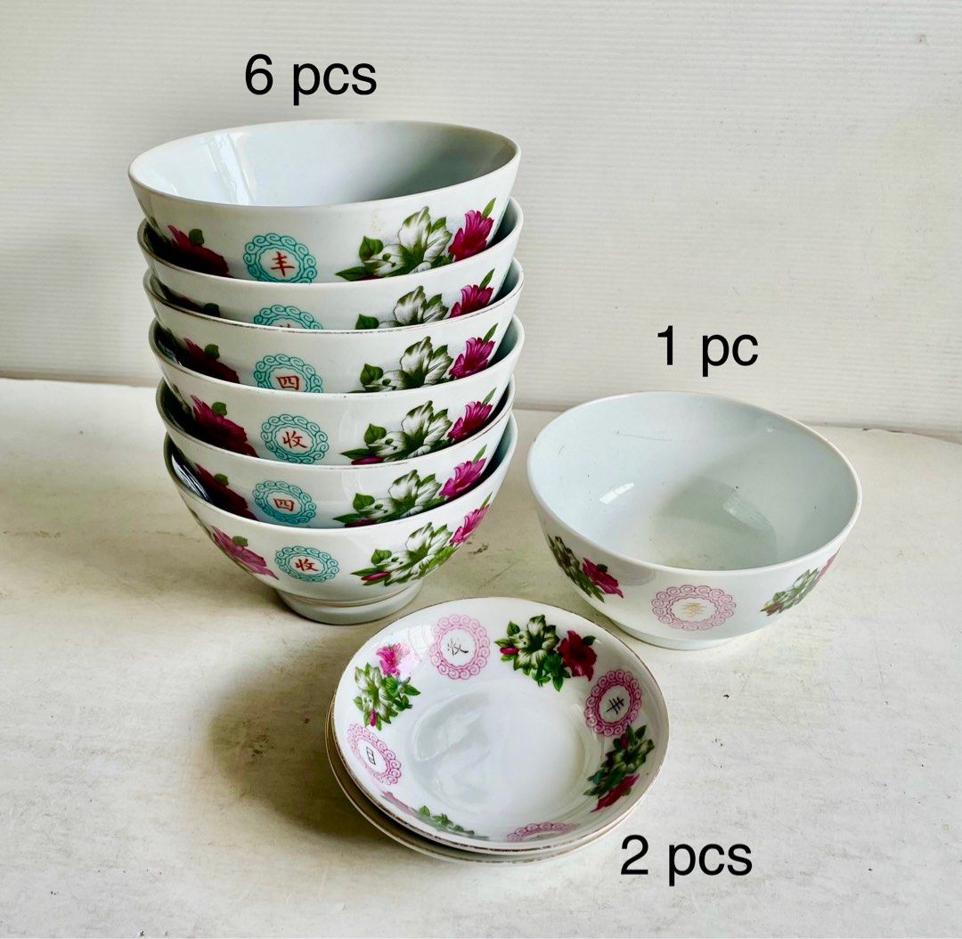 Vintage 9 pcs Traditional Chinese Porcelain Bunga Kangkung Hibiscus ...