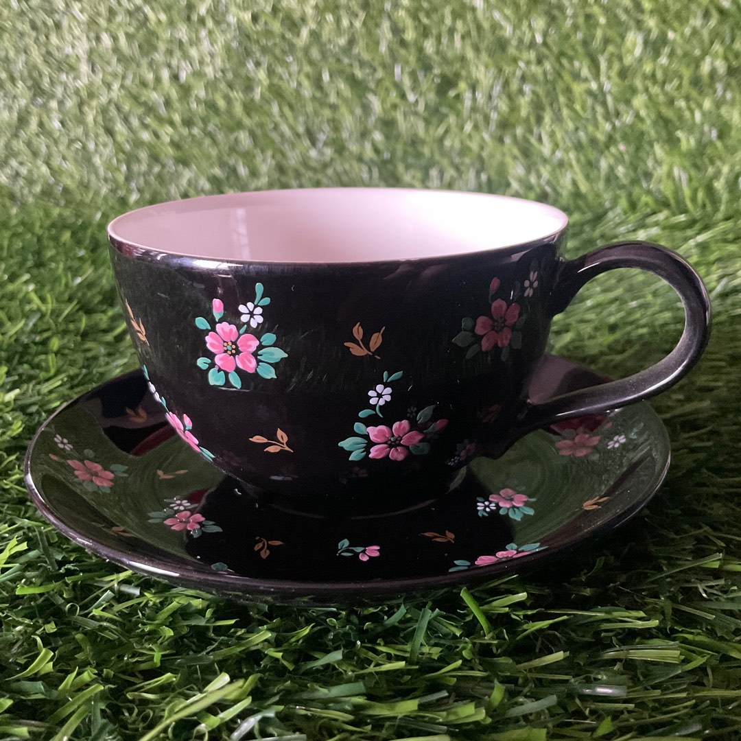 A87 Akechi Brand Pink White Flower Handpainted Green Leaves Black ...