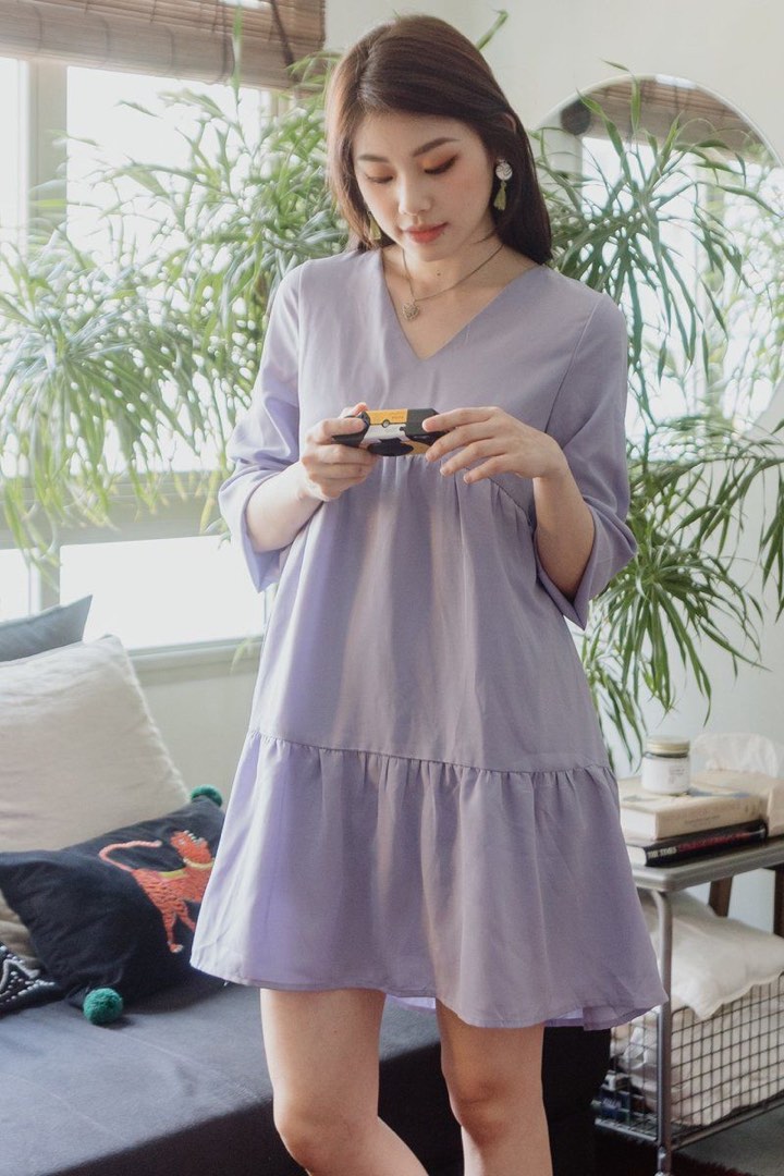 ACW Balloon Sleeve Tiered Babydoll Dress in Lavender, Women's Fashion ...