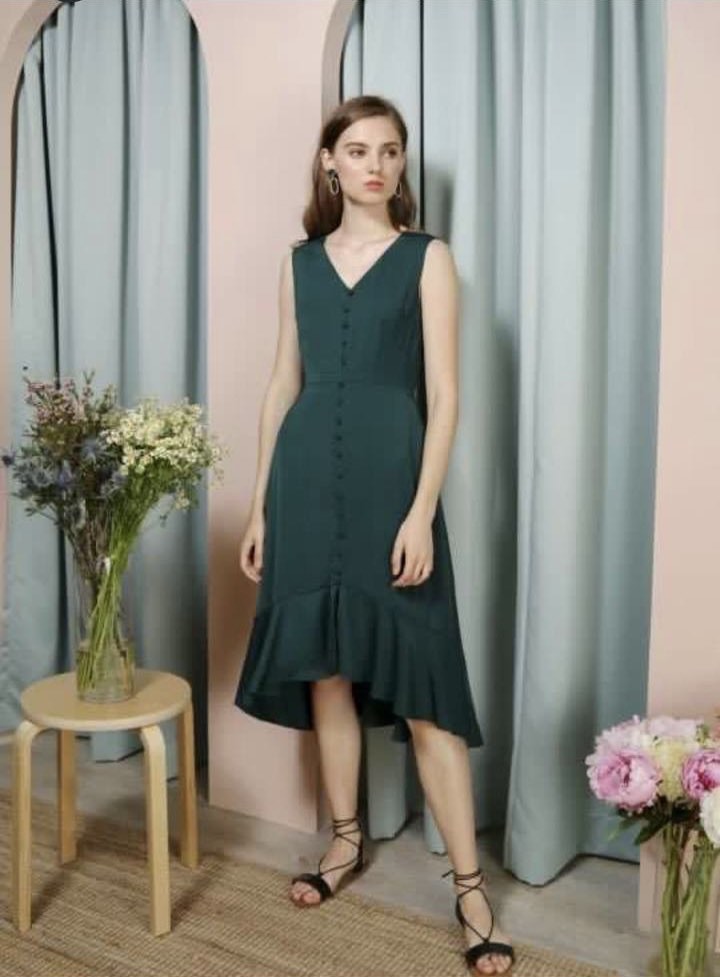 AWD THRILL Faux Button Drop Hem Dress in Forest, Women's Fashion ...