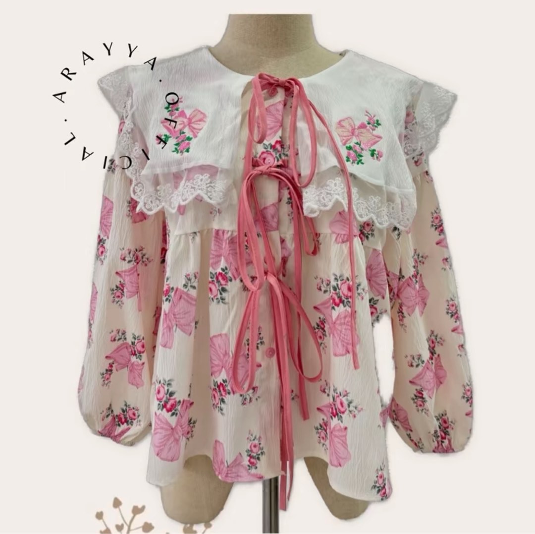 Coquette blouse with ribbon, Women's Fashion, Tops, Blouses on Carousell