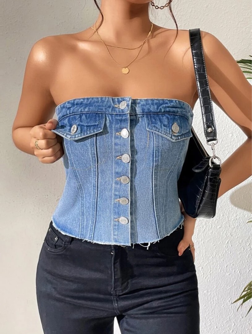 Flap Detail Button Front Raw Hem Tube Denim Top, Women's Fashion, Tops ...