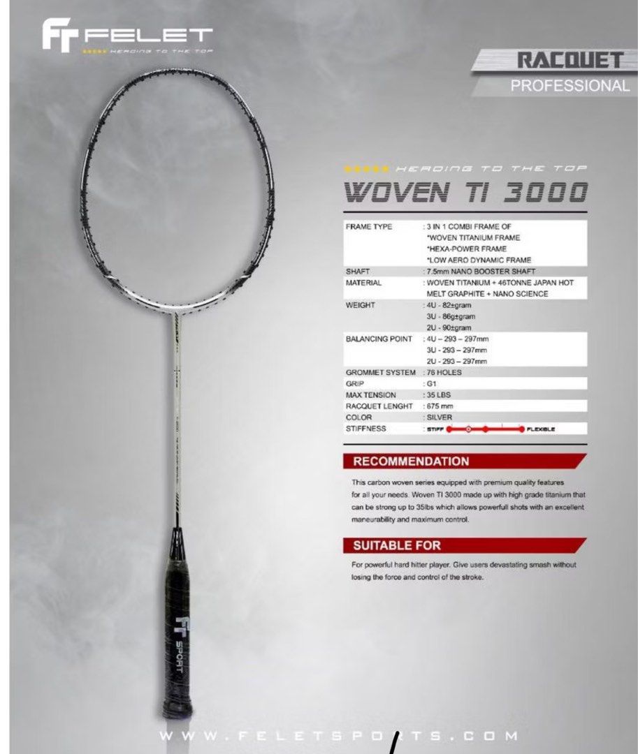 Badminton Racket Felet Woven TI 3000, Sports Equipment, Sports & Games ...