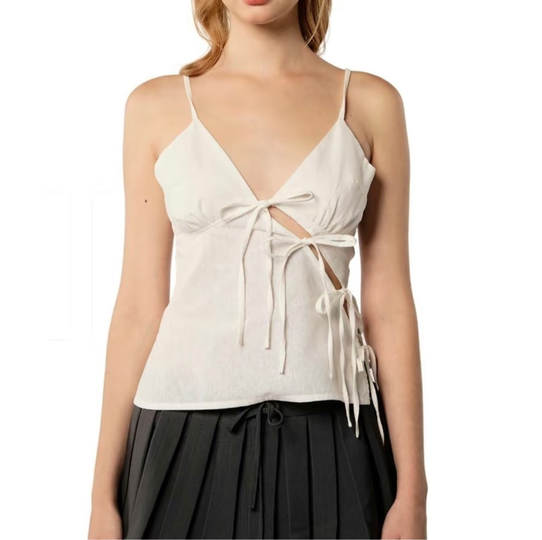 BSCO Mulan Top Self Tie Ribbon Linen, Women's Fashion, Tops, Sleeveless ...