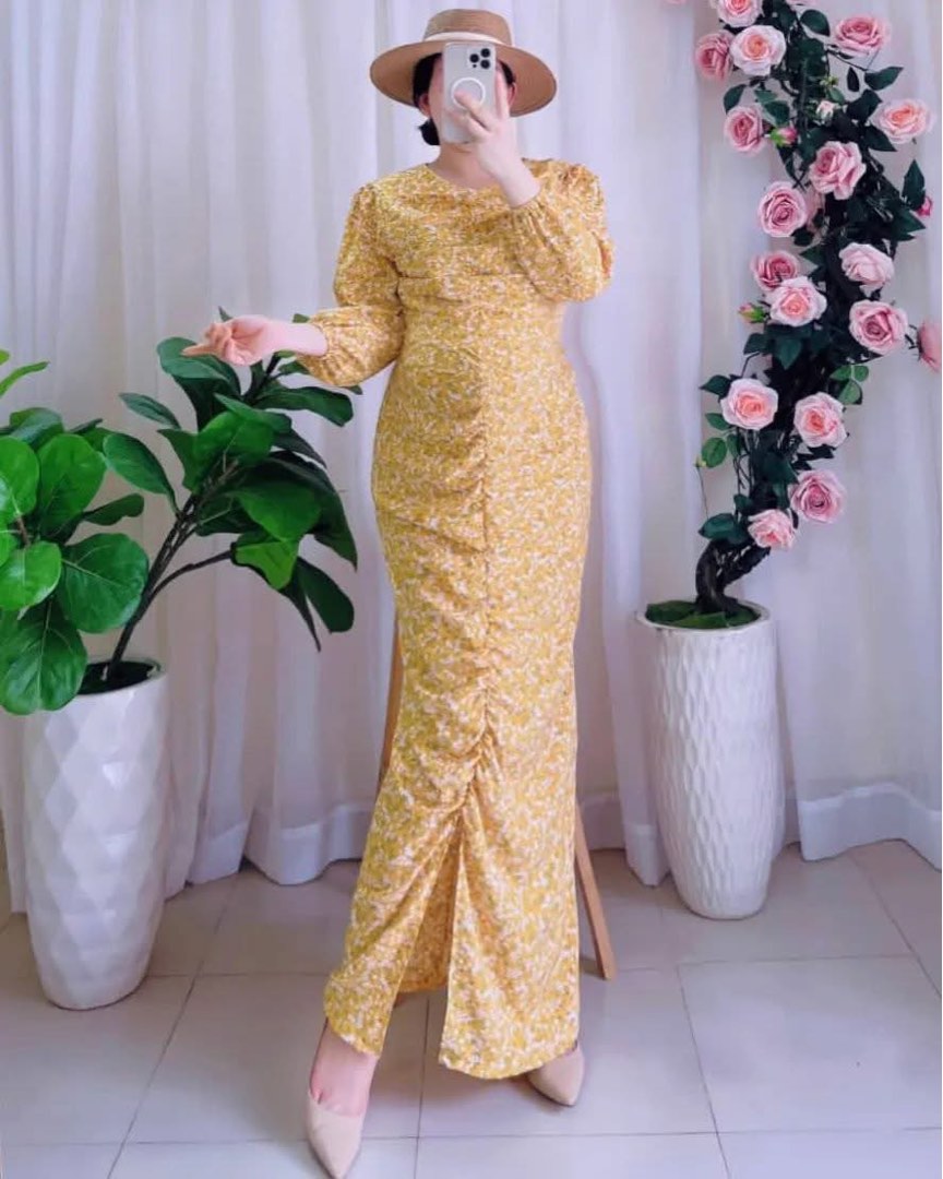 Dress kuning corak bunga kecil warna putih hijau, Women's Fashion ...