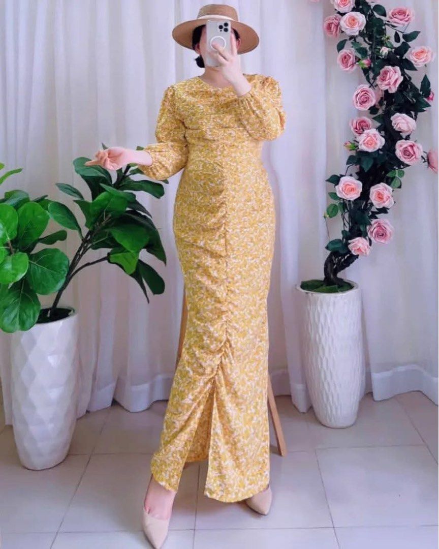 Dress kuning corak bunga kecil warna putih hijau, Women's Fashion ...