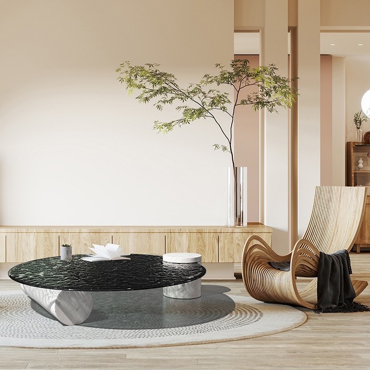Evelyn Modern Water Ripple Corrugated Glass Round Coffee Table With ...