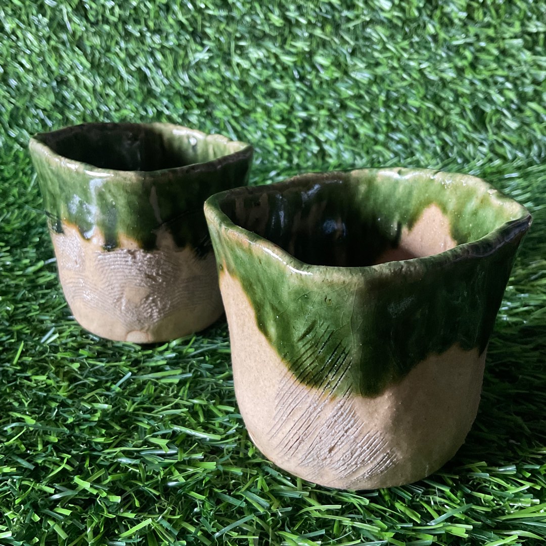 A93 Stoneware Green Oribe Guinomi Ware Handmade Melted Dripped Sake Tea ...