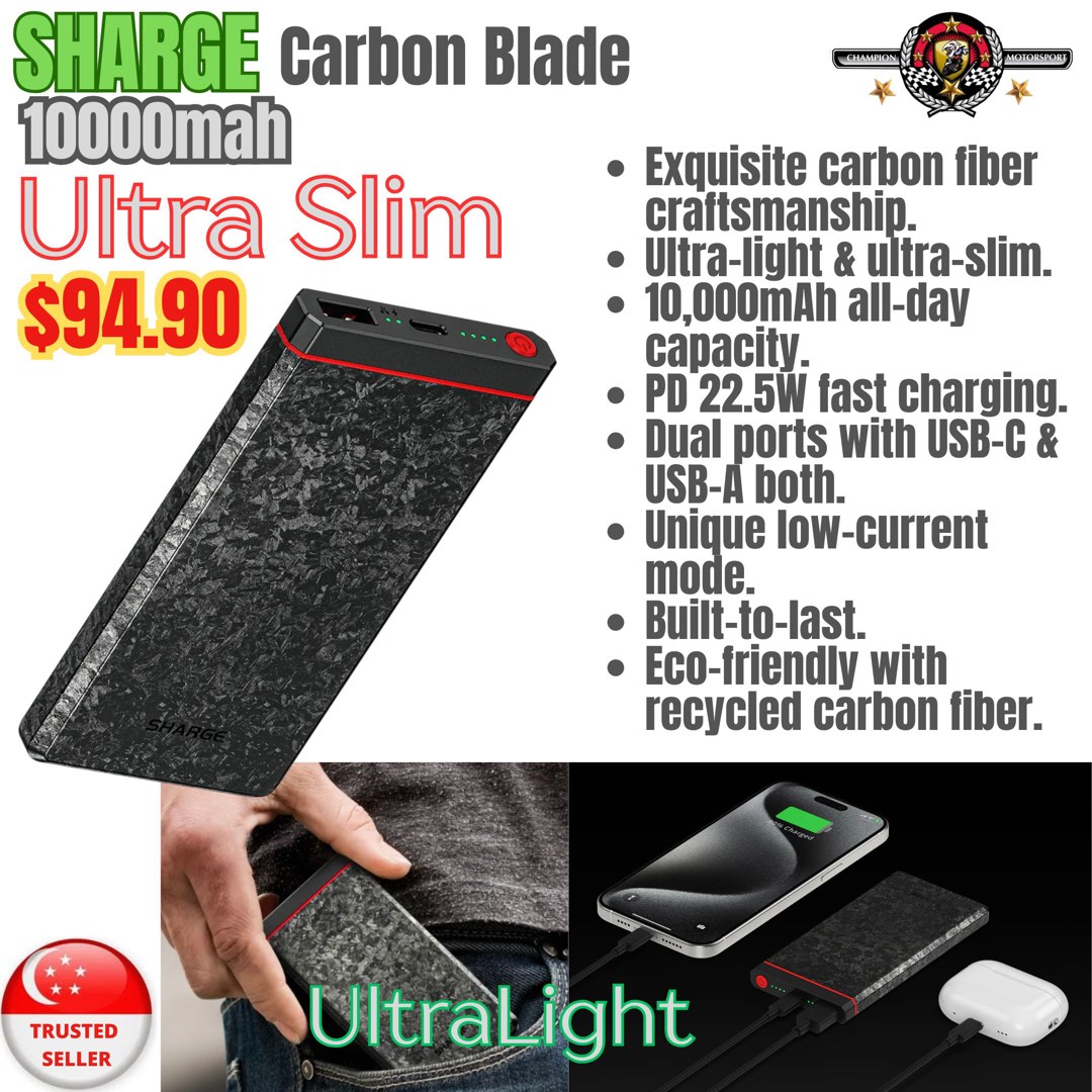 Sharge/ Shargeek Carbon Blade 10,000 mAh Ultra Light & Ultra Slim PD 22 ...