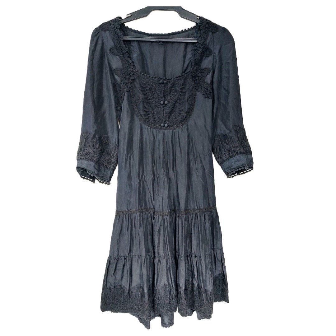 Vintage Black Silk Blend Embroidered Lace Tiered Three Fourths Sleeved ...