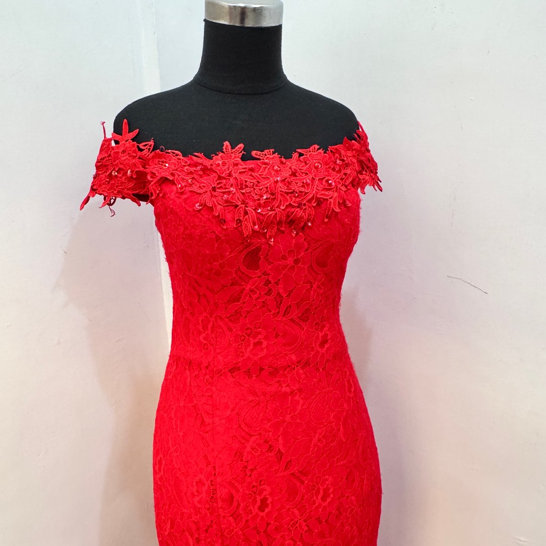 Prom Gown Lengan Sabrina Model Duyung, Fesyen Wanita, Pakaian Wanita ...