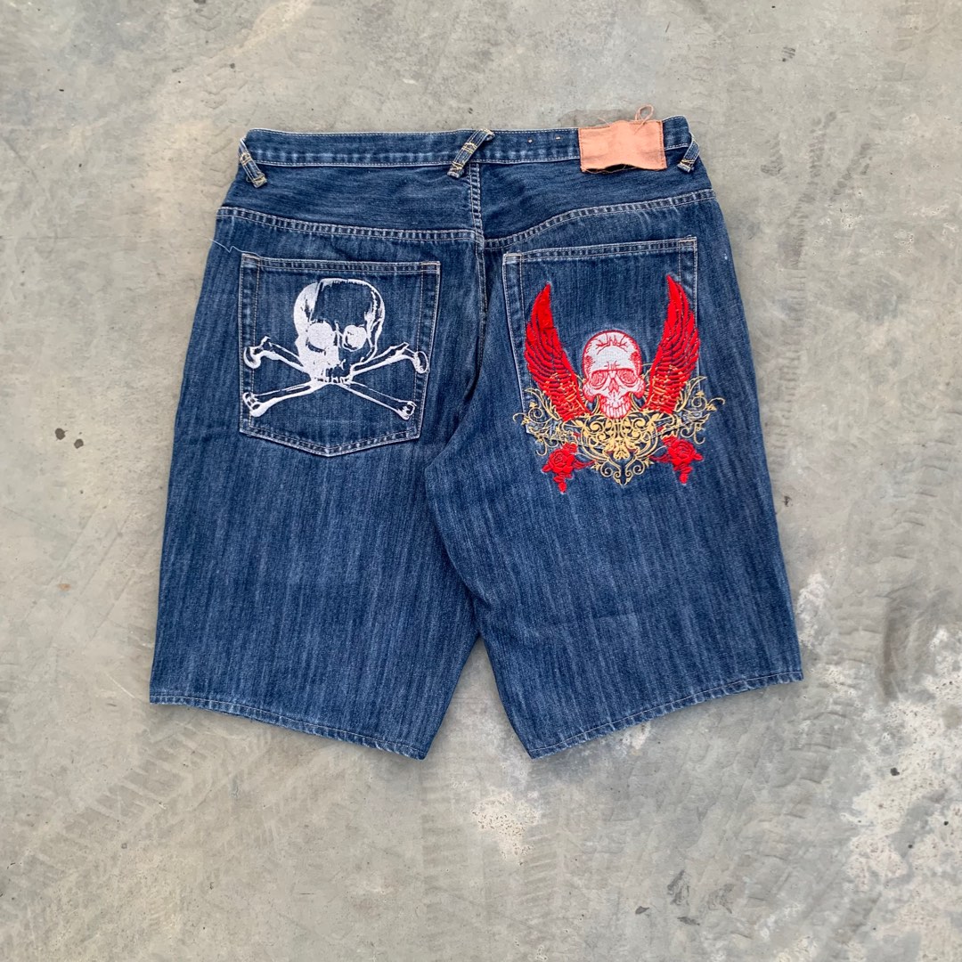 Y2k Jorts Embroidered Skull, Men's Fashion, Bottoms, Shorts on Carousell