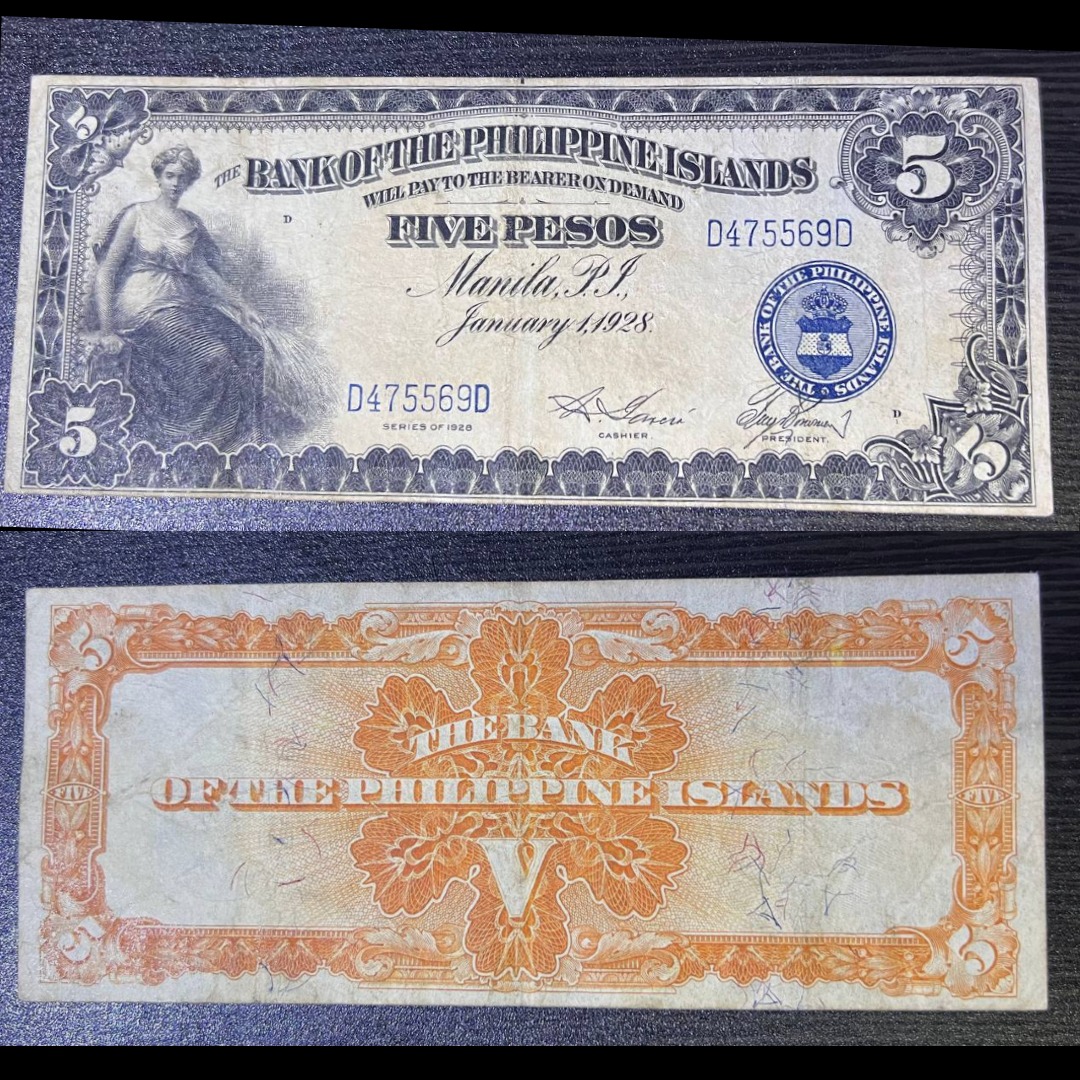 RARE YEAR 5 pesos 1928 Bank of the Philippine Islands Very Fine + VF+ ...