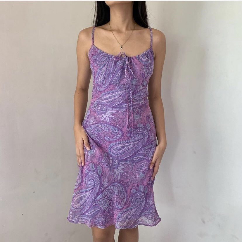 vintheline pink and purple paisley milkmaid dress, Women's Fashion ...