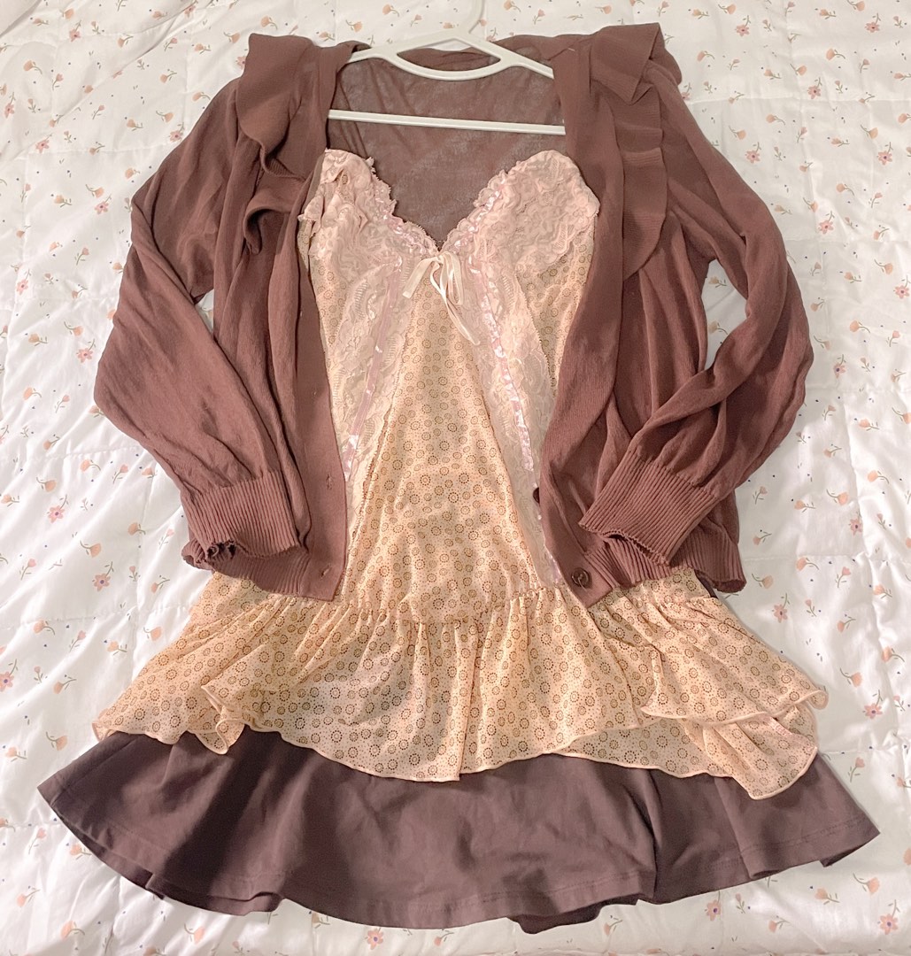 choco girl 3 piece set coquette neopolitan lingerie brown ruffle ...