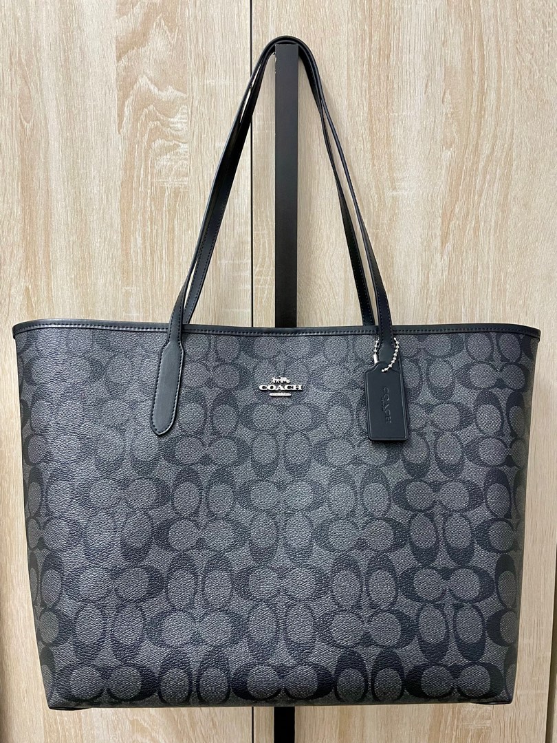 COACH City Tote In Signature Graphite Black (5696), Women's Fashion ...