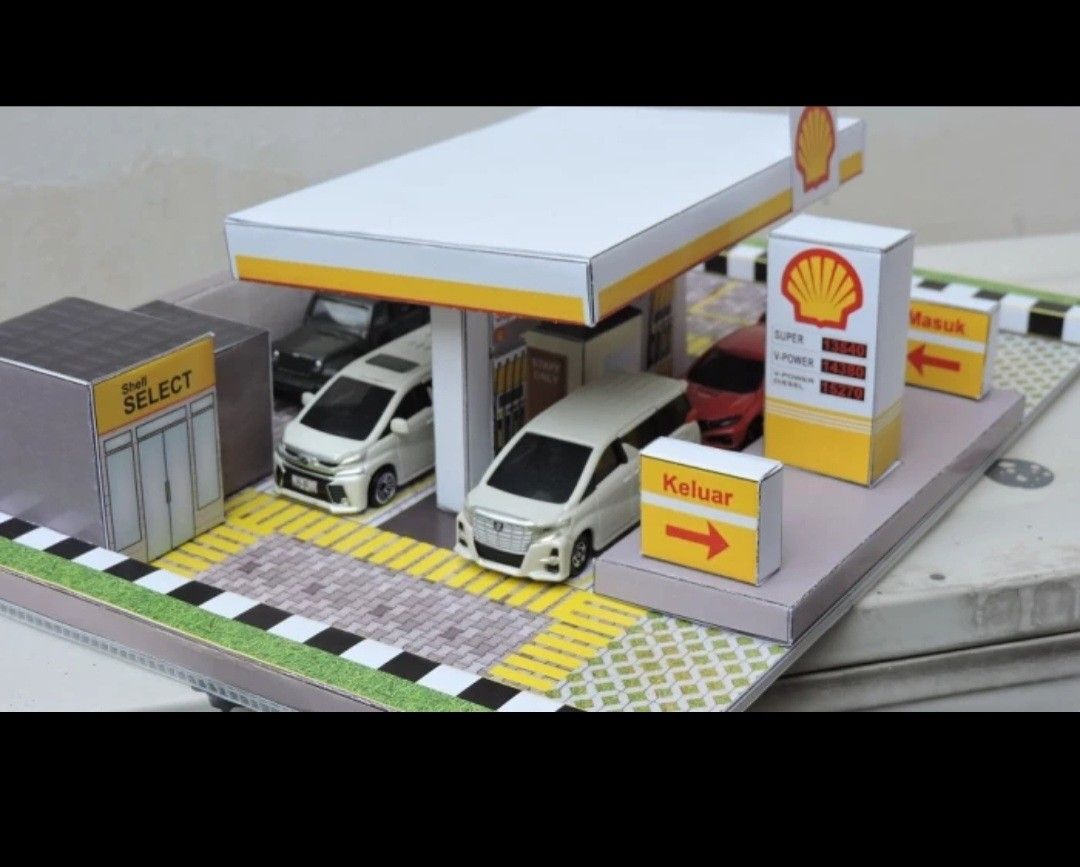 Diy Papercraft Diorama SPBU Pom Bensin Shell, Desain & Kerajinan Tangan ...