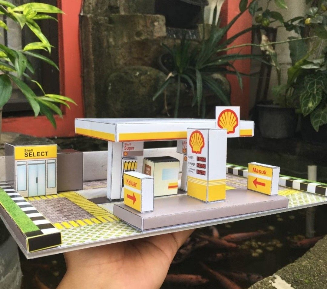 Diy Papercraft Diorama SPBU Pom Bensin Shell, Desain & Kerajinan Tangan ...