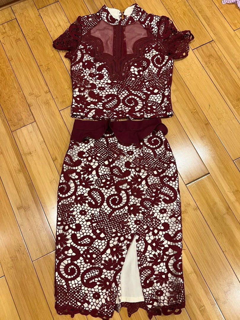 Maroon eyelet cheongsam qipao set, Women's Fashion, Dresses & Sets ...