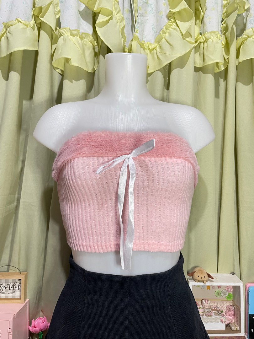 Pink Fur Tube Too with cute white ribbon, Women's Fashion, Tops, Others ...