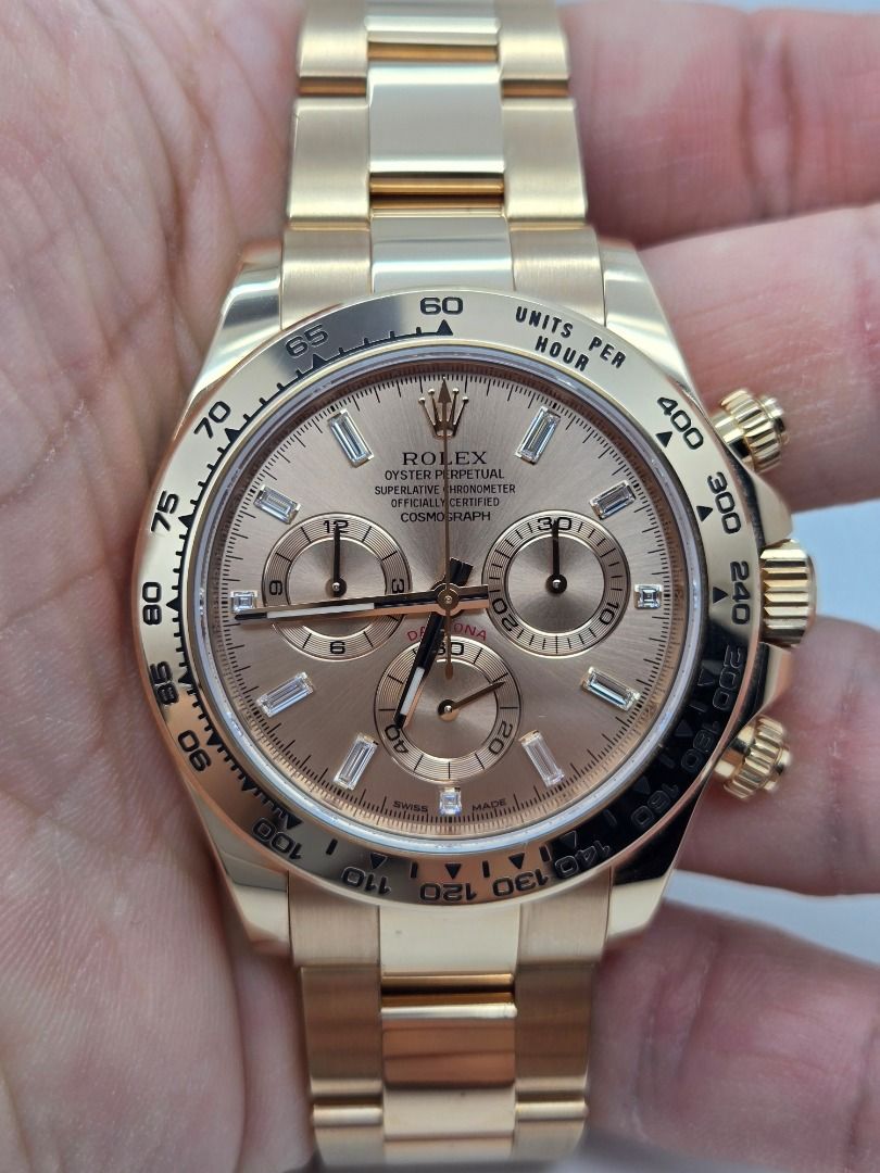 Rolex Daytona 116505 Rose Gold Baguette Diamond Pink Sundust Dial ...