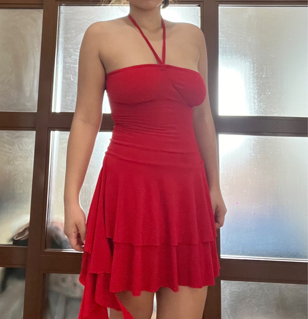 Vintage Early 2000s Ruffle Layered Tiered Halter Tie Red Club City ...