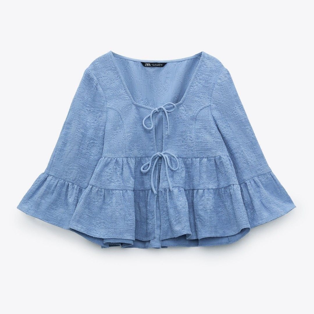 Zara Ruffled Square Neck Textured Jacket with Ribbon Bow Tie Detailing ...