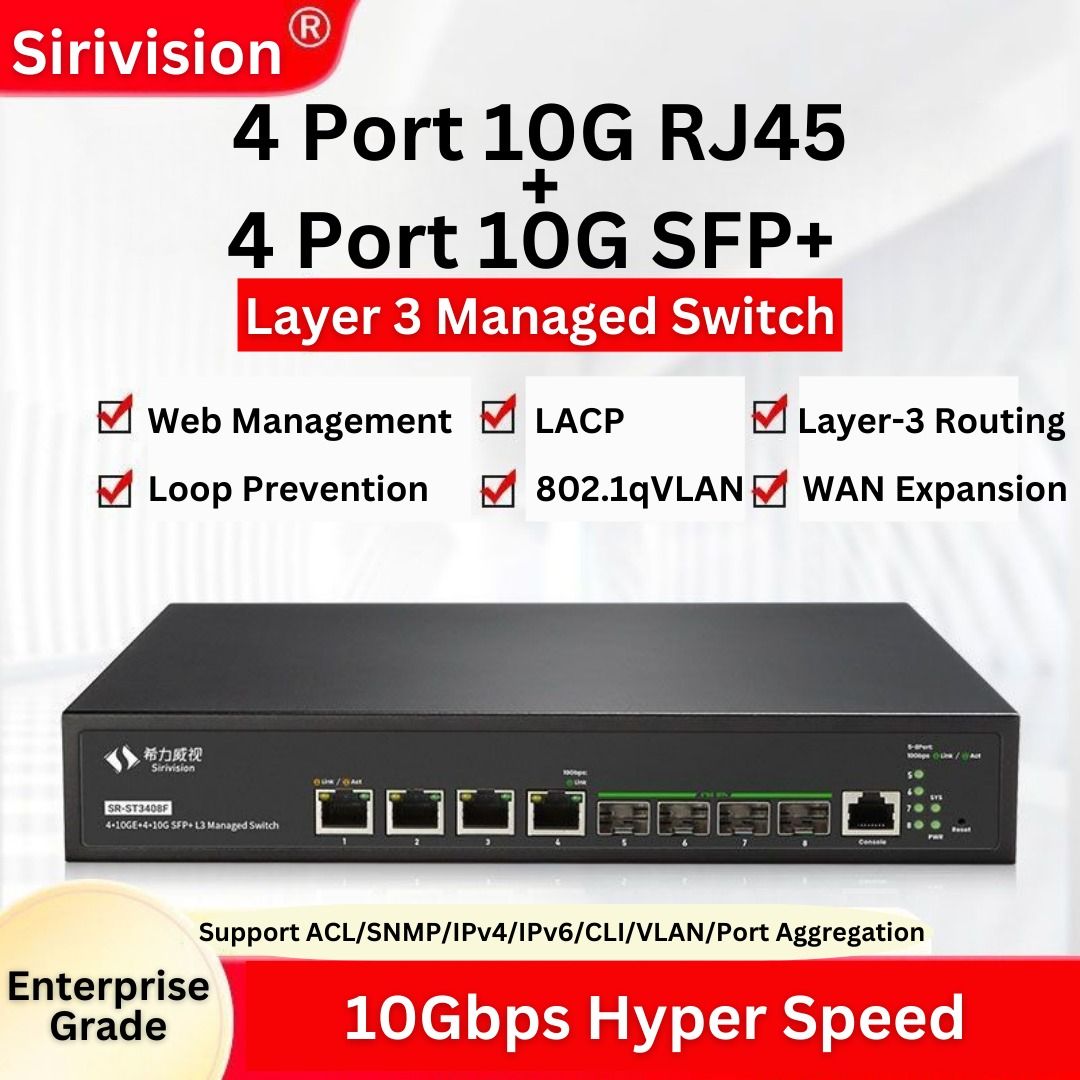 (BNIB) Sirivision All 10G 8 port Ethernet Switch Layer 3 managed unmanaged RJ45 10Gbps SFP+ ...