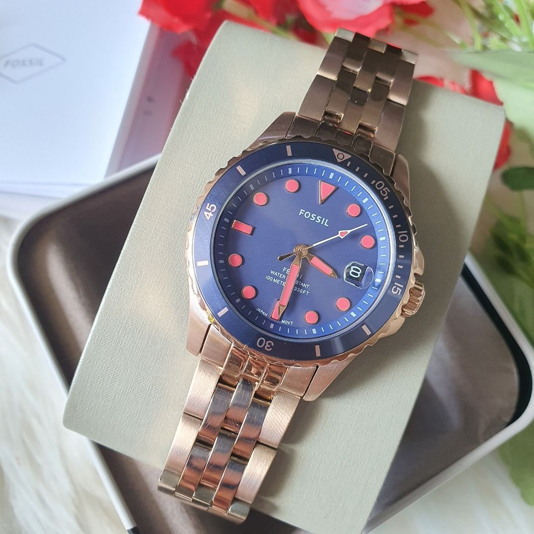 Fossil ES4767 FB01 Three-Hand Date Watch with Blue Dial Rotating Bezel ...